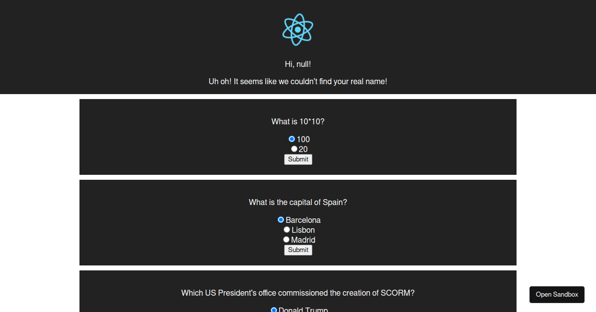 create-react-scorm-app - Codesandbox