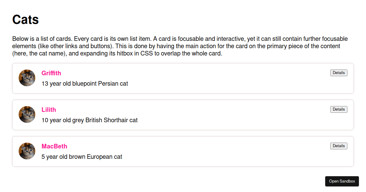 Accessible Cards - Codesandbox
