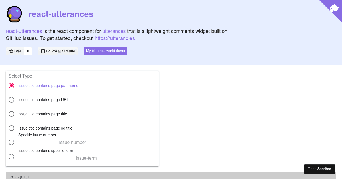 react-utterences (forked) - Codesandbox