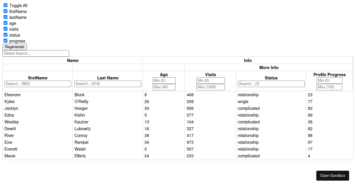 react-table v8 example (forked) - Codesandbox