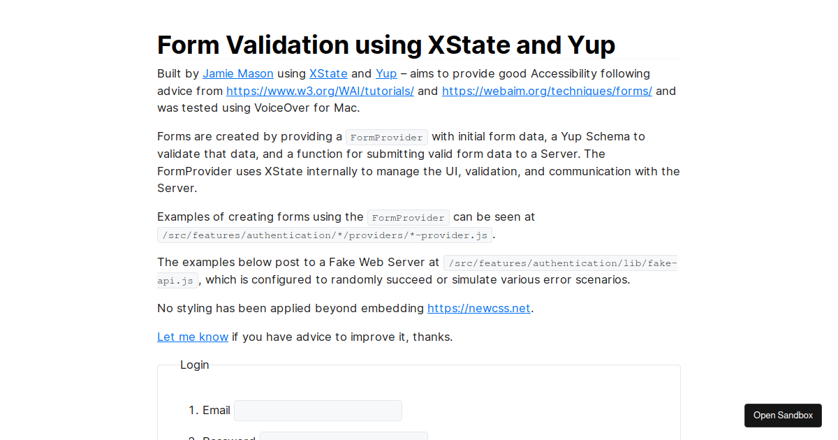 XState Login & Sign Up Forms (forked) - Codesandbox