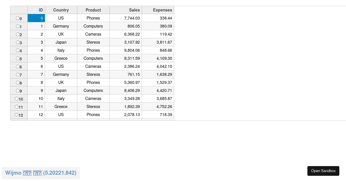wijmo rowHeader에 radio button 추가 - Codesandbox
