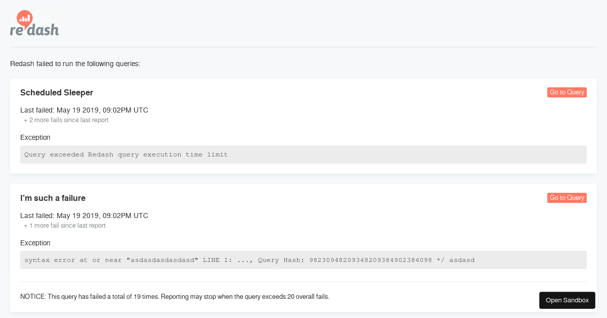 Failed query report email - Codesandbox