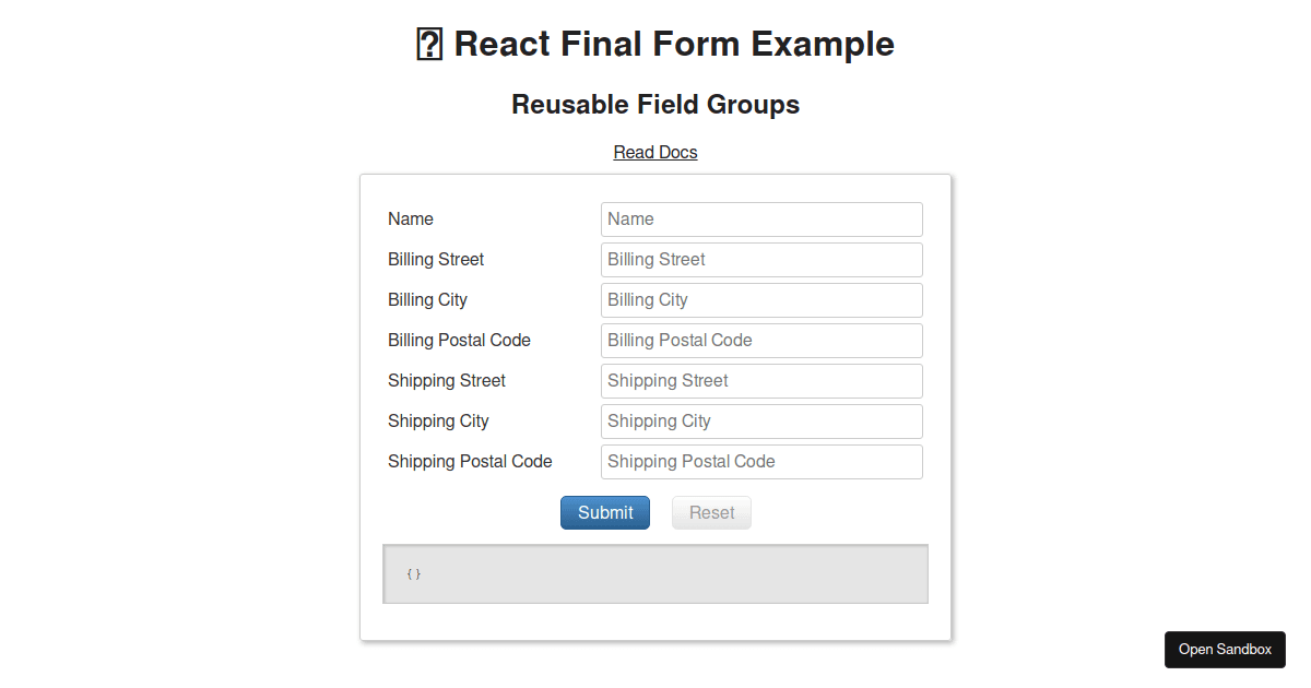 🏁 React Final Form Reusable Field Groups Codesandbox