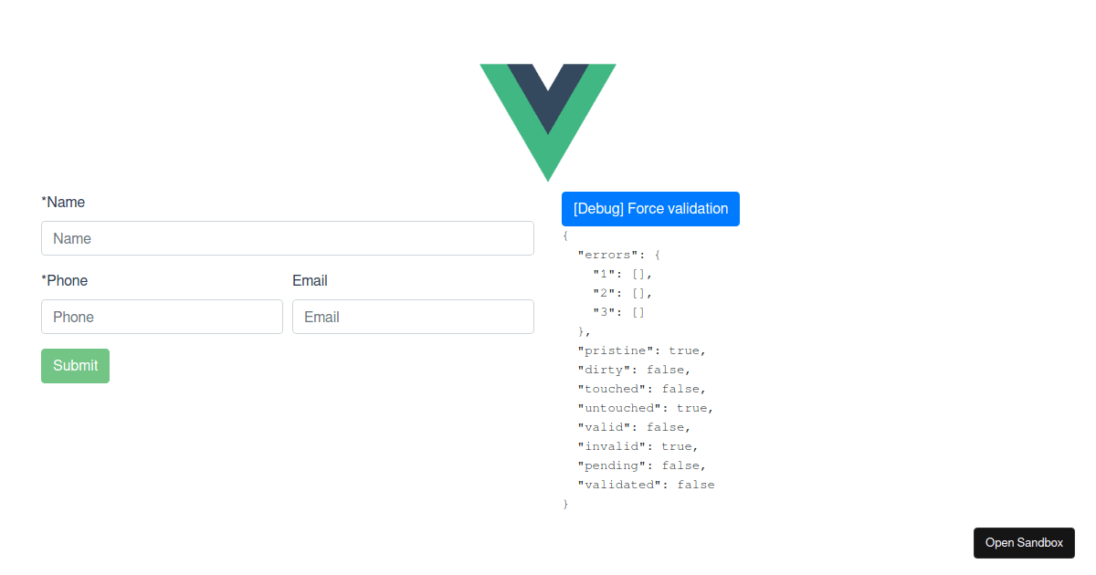 Vee-Validate Required Manual Validation Issue - Codesandbox