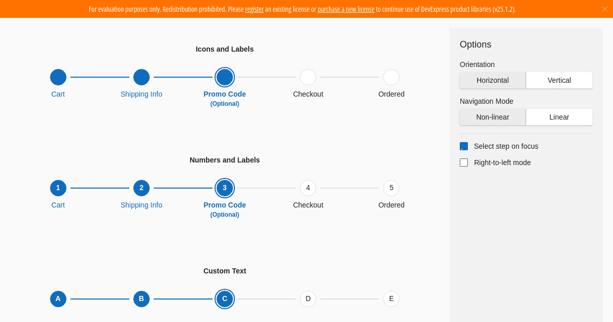 DevExtreme Beta 25.1 - New Stepper component - Codesandbox