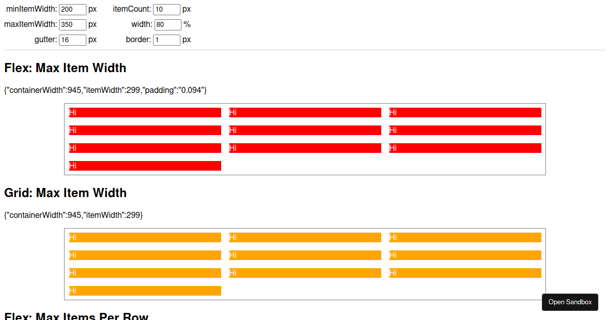 Dynamic flex/grid item widths - Codesandbox