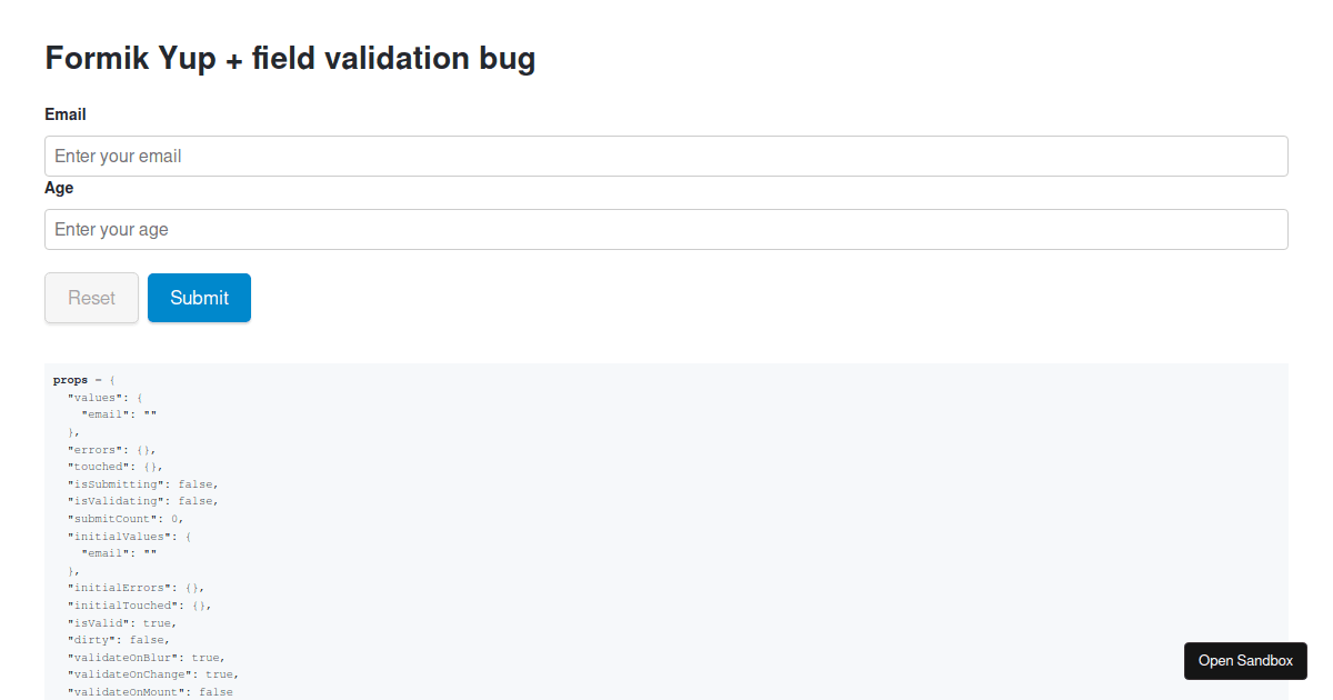 Formik Yup Field Validation Bug Codesandbox