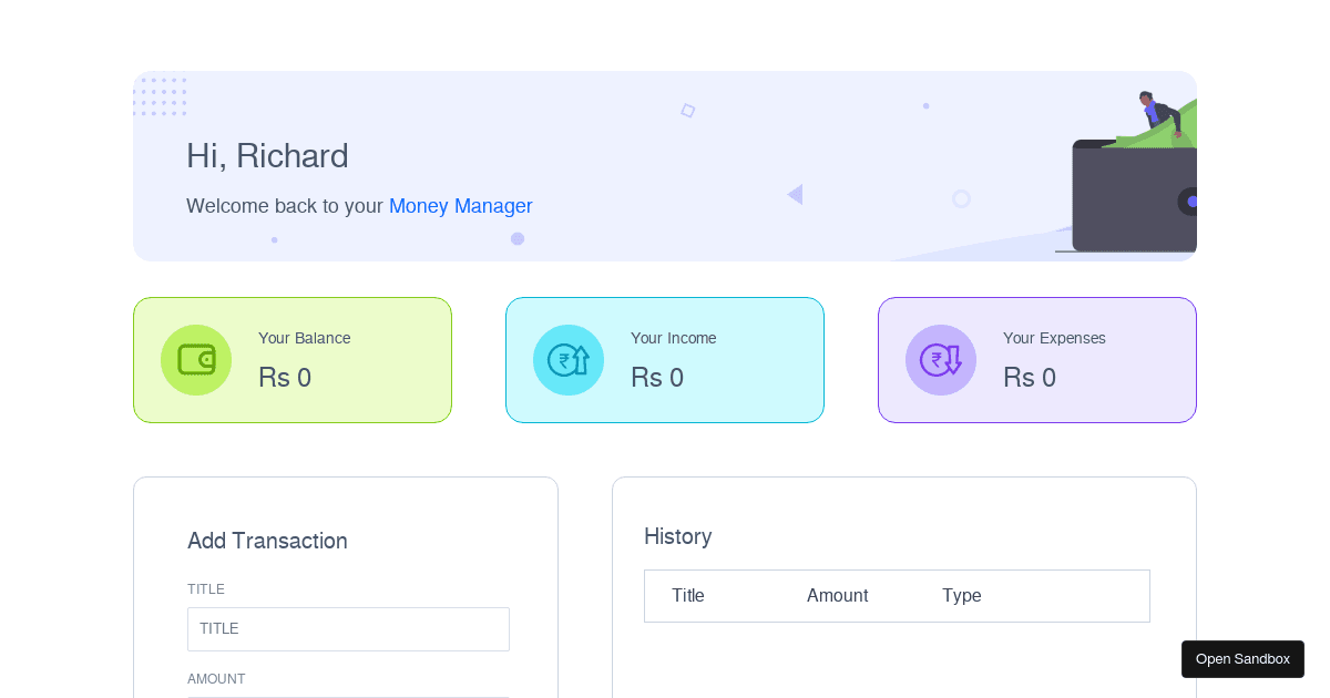 Money Manager App Reactjs Codesandbox