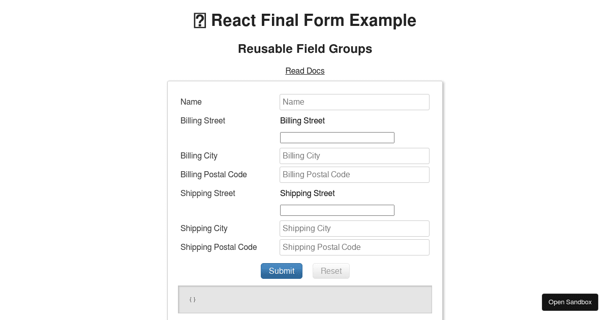 π React Final Form Reusable Field Groups Codesandbox