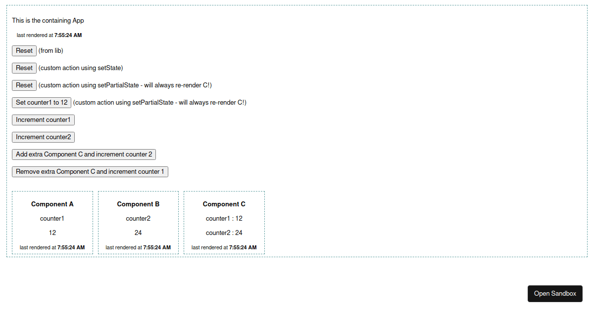 shared-store-hook with mapState, resetState, setState, setPartialState - Codesandbox