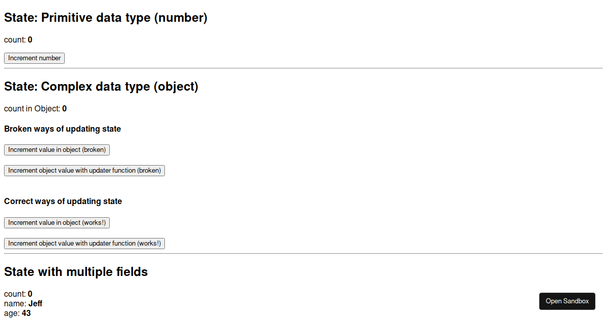 React useState new vs. old object values - Codesandbox