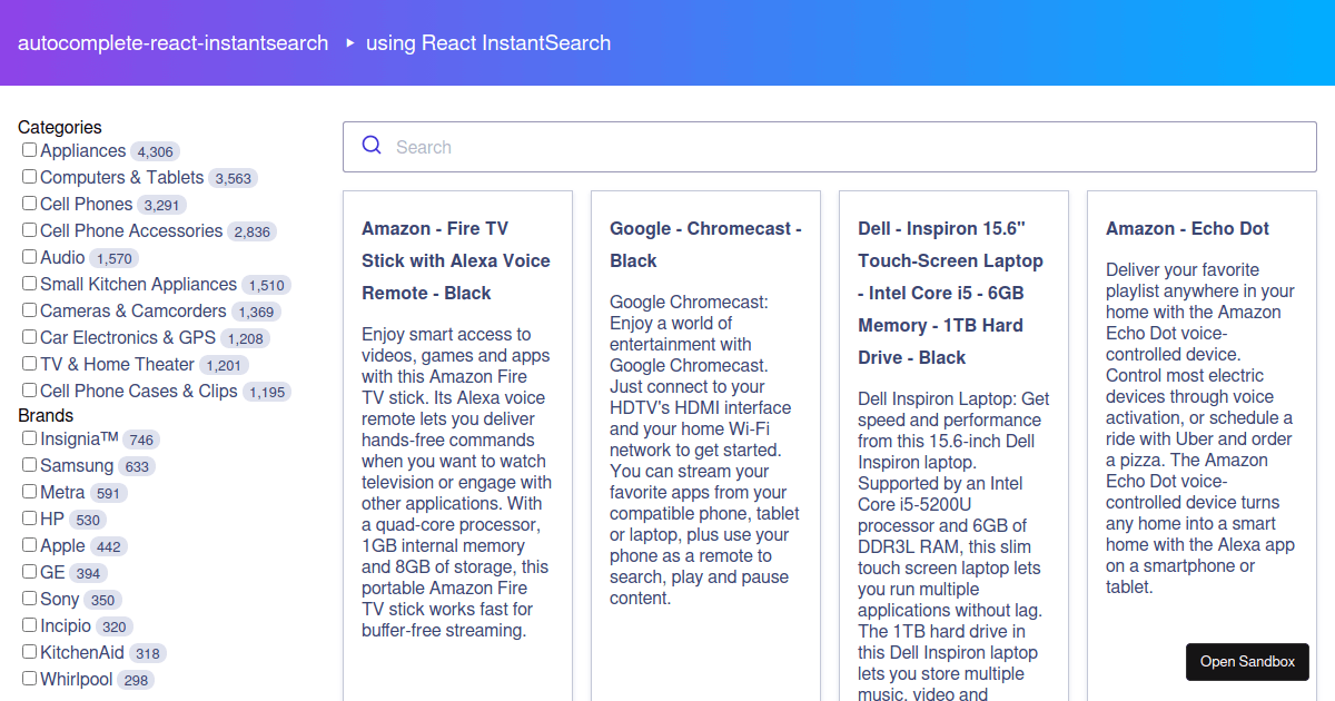 autocomplete-react-instantsearch - Codesandbox
