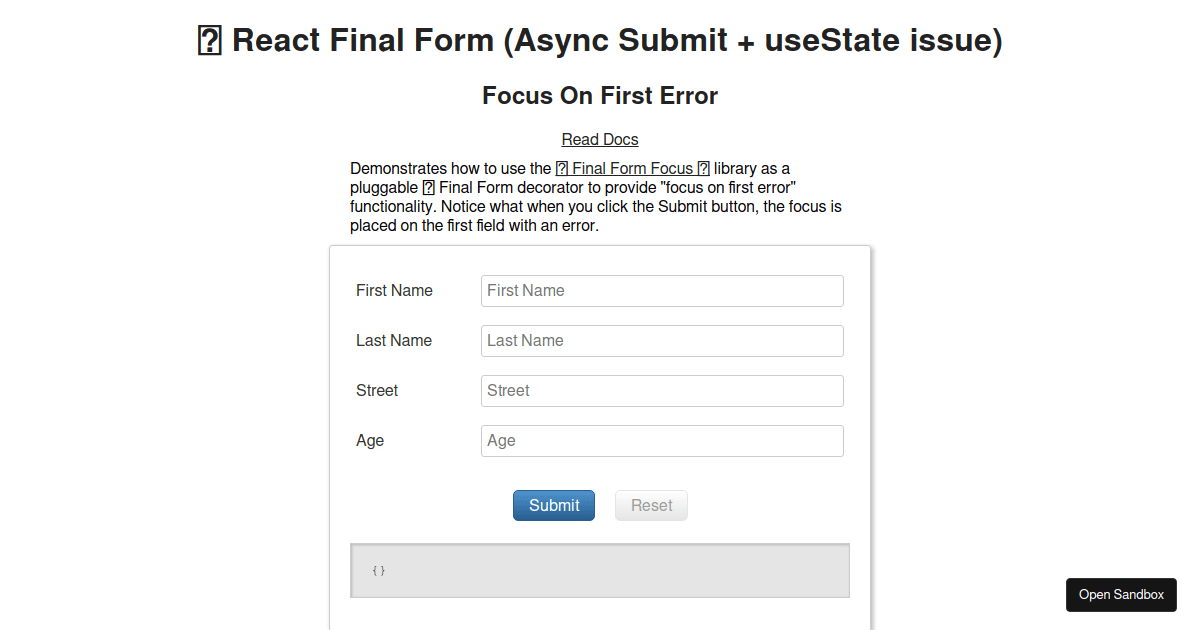 🏁 React Final Form - Focus On First Error - Codesandbox