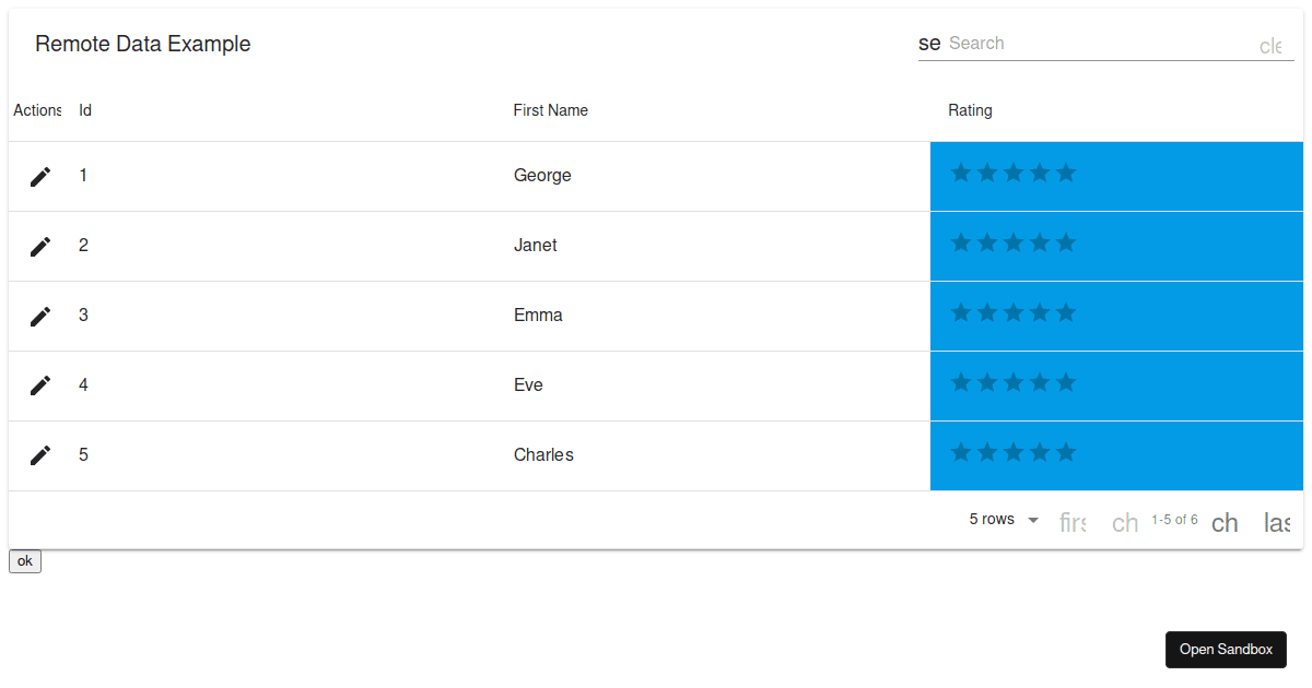 Material-Table: show rating - Codesandbox