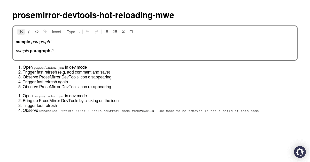 prosemirror-dev-tools-hot-reloading-mwe - Codesandbox