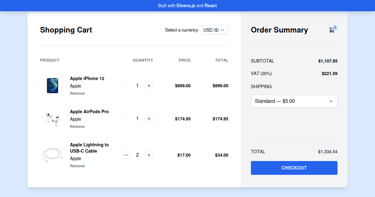 @dinero.js/example-cart-react - Codesandbox