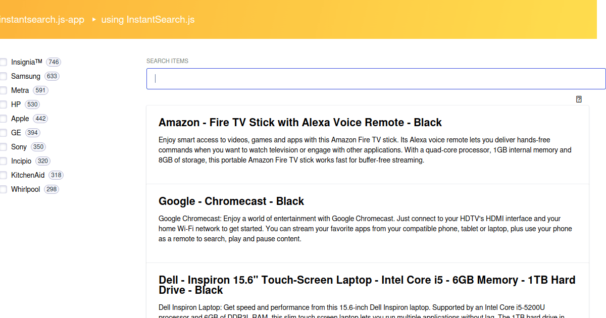 InstantSearch.js – Autocomplete v1 widget - Codesandbox