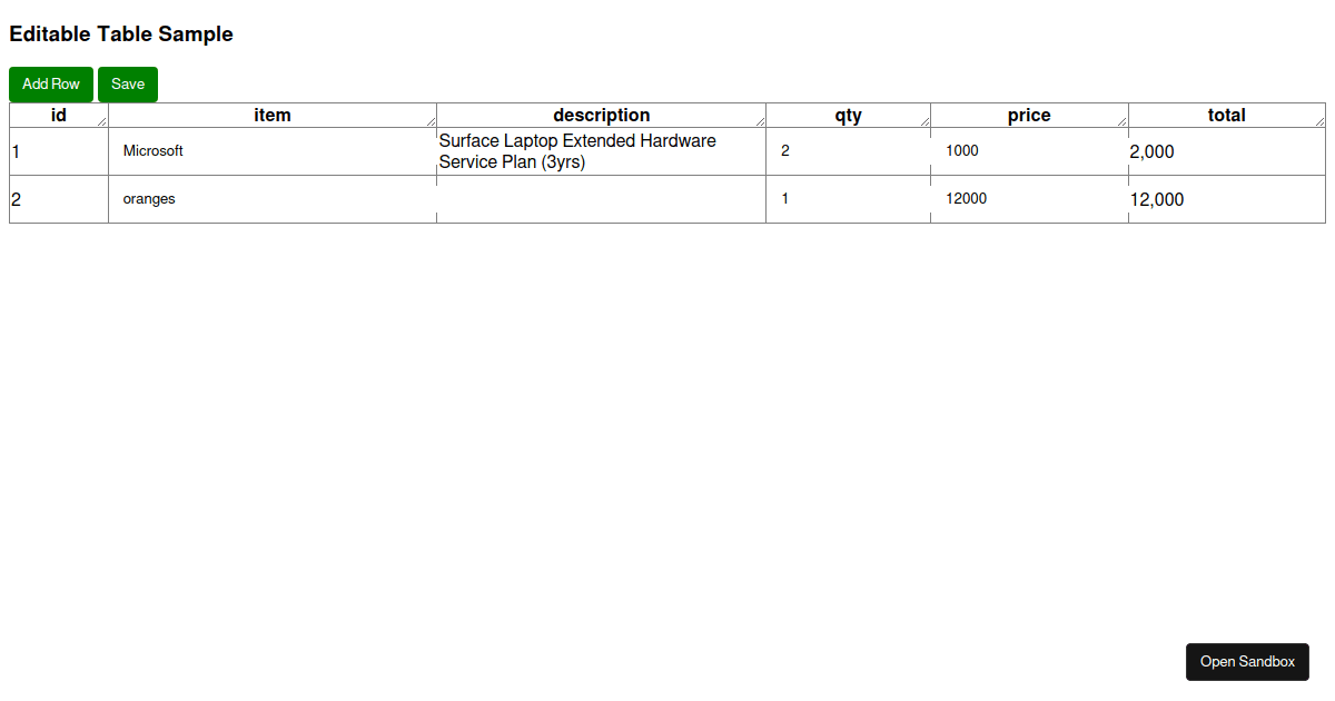 Svelte editable table buggy - Codesandbox