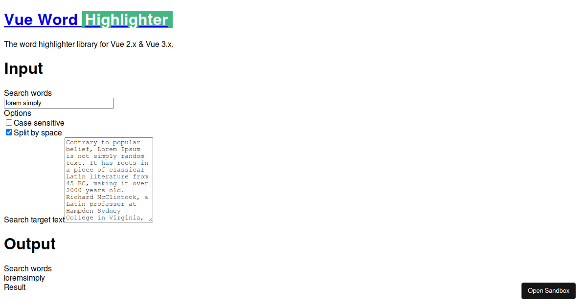 Vue2 Word Highlighter Example Forked Codesandbox