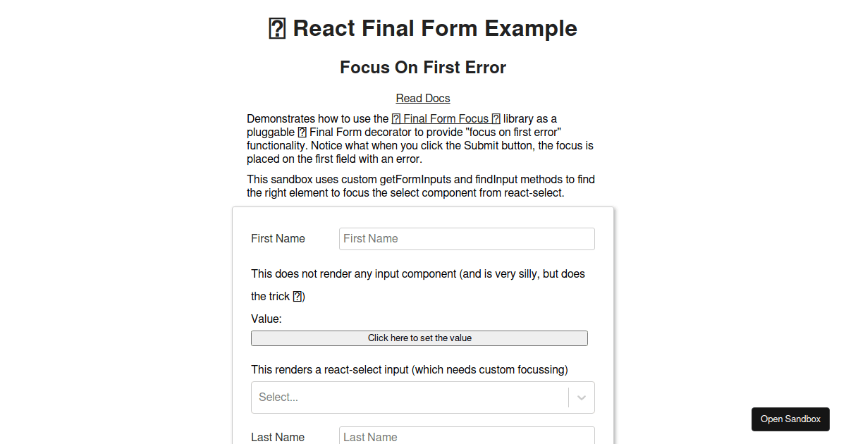 🏁 React Final Form - Focus On First Error - Codesandbox