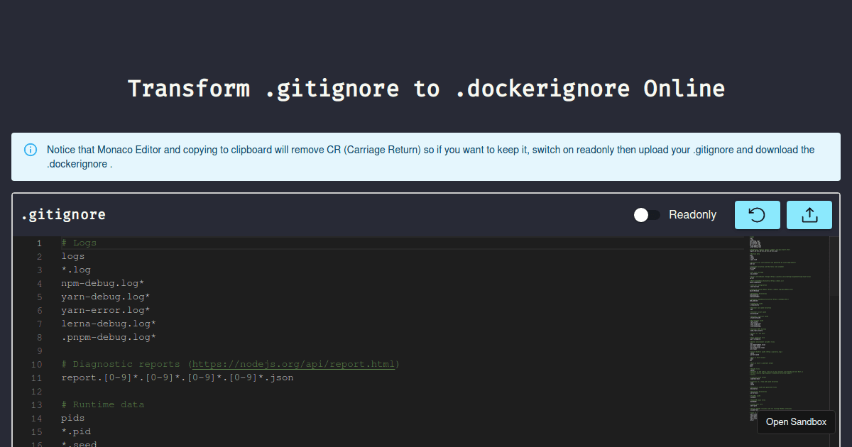 Transform .gitignore to .dockerignore Online (forked) - Codesandbox