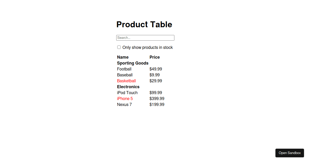 React Filterable Product Table Codesandbox