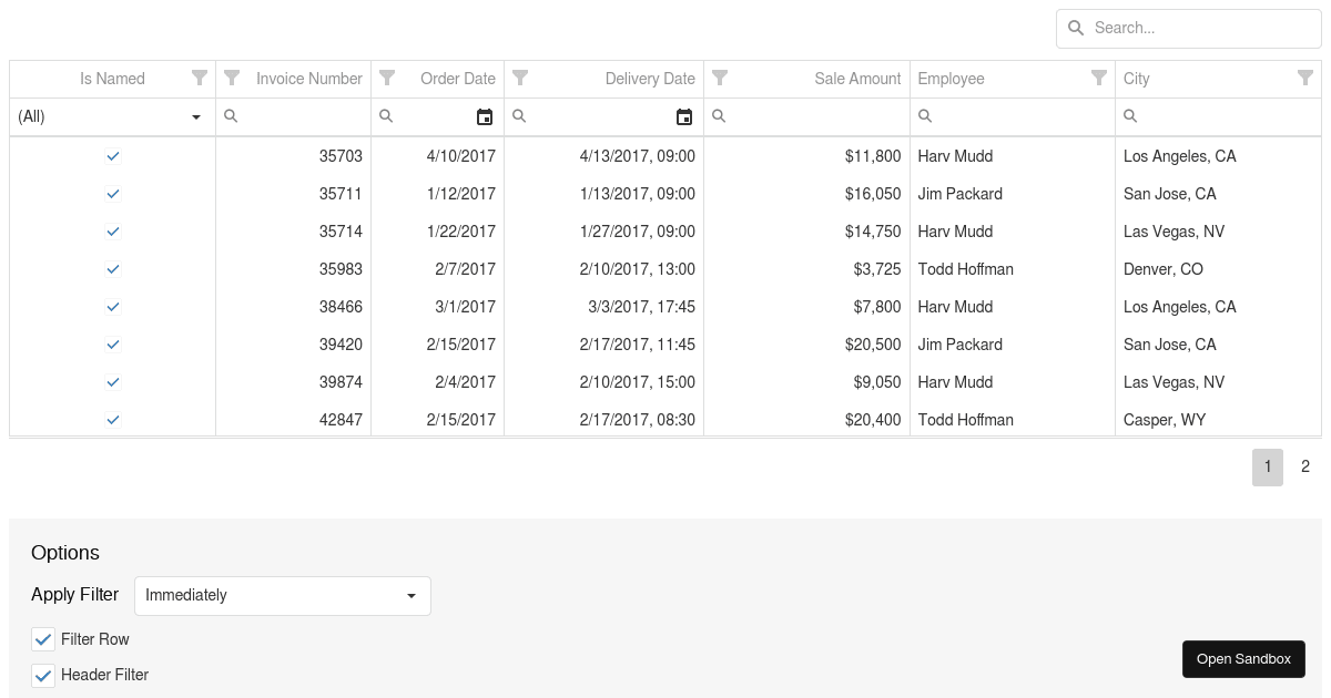 Filtering Devextreme Data Grid Codesandbox