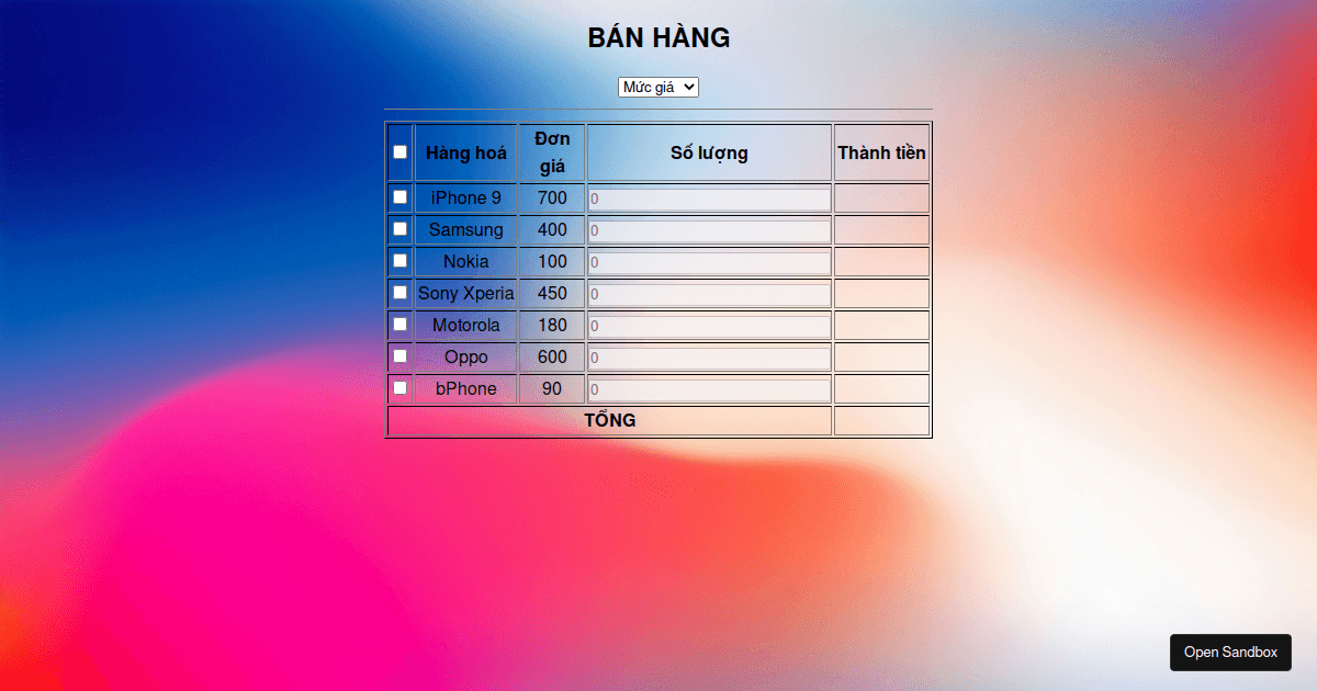 WEB1042 - Lập trình cơ sở với Java script - SP20 - Assignment - Bài 3 - Codesandbox