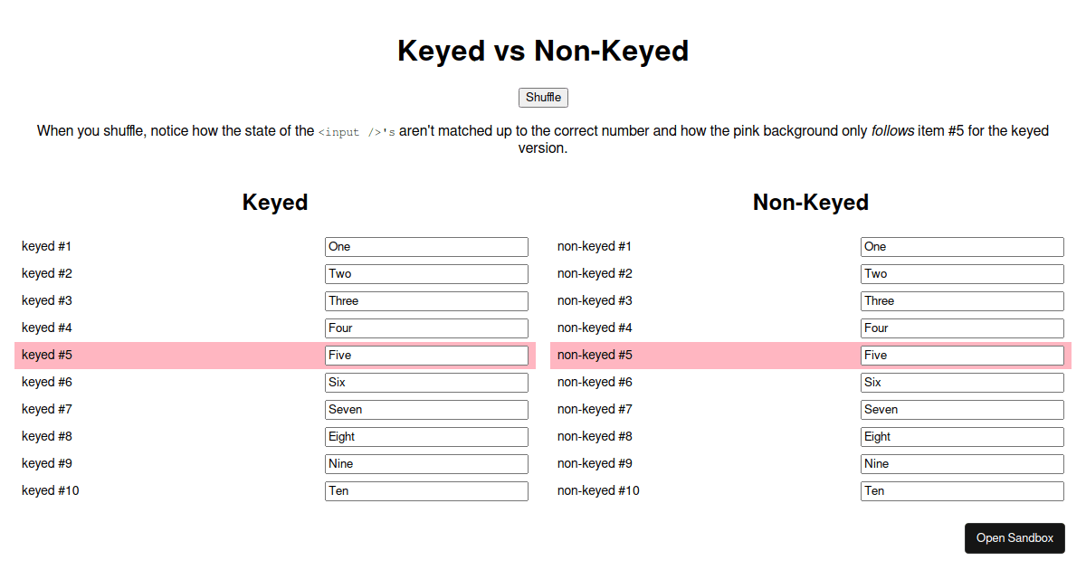 Keyed vs Non-Keyed React - Codesandbox Keyed vs Non-Keyed React - Codesandbox
