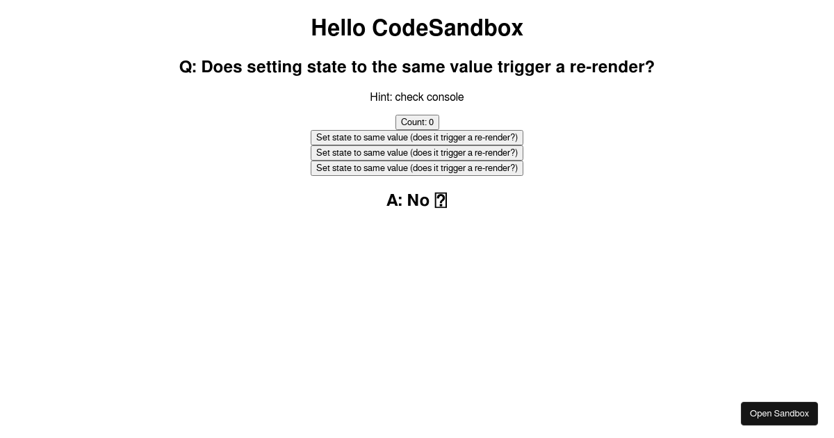 React Setstate To Same Value Test Codesandbox