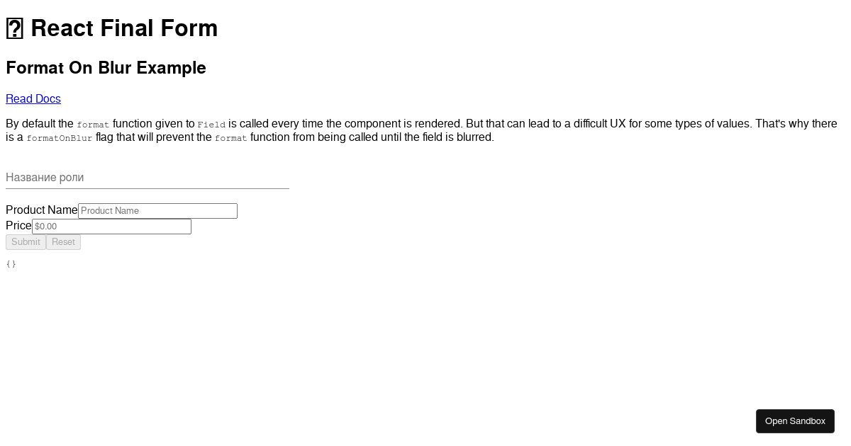🏁 React Final Form Format On Blur Example Codesandbox 
