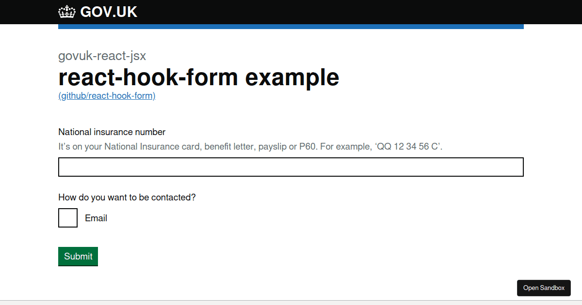Govuk React Jsx Cra React Hook Form Codesandbox