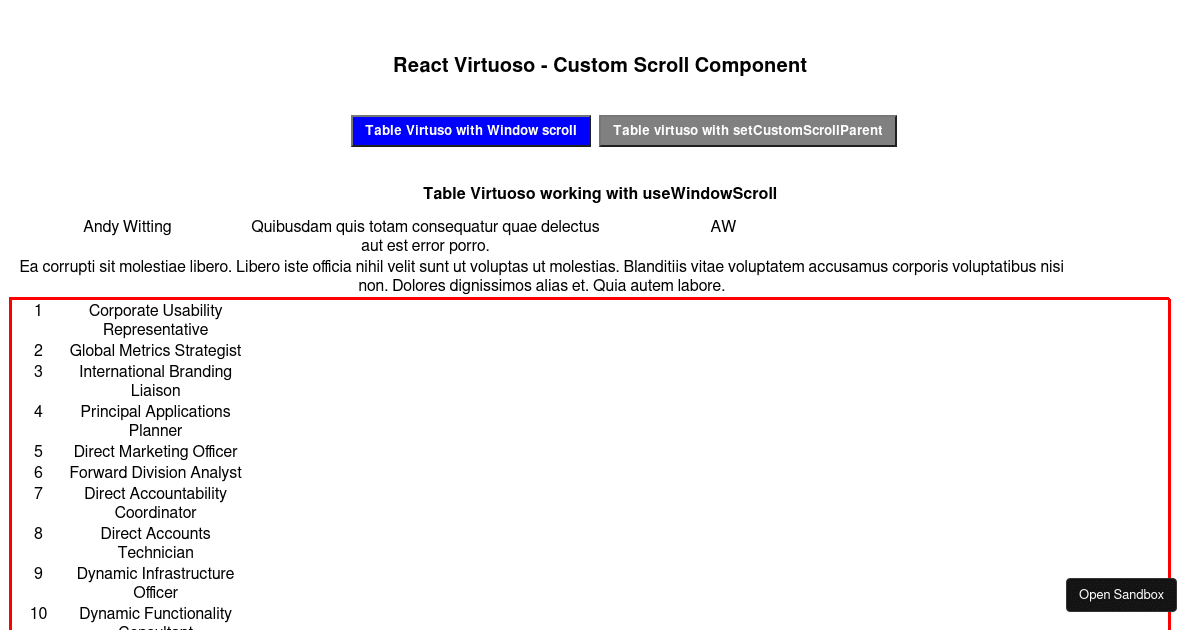 TableVirtuoso With CustomScrollParent (forked) - Codesandbox