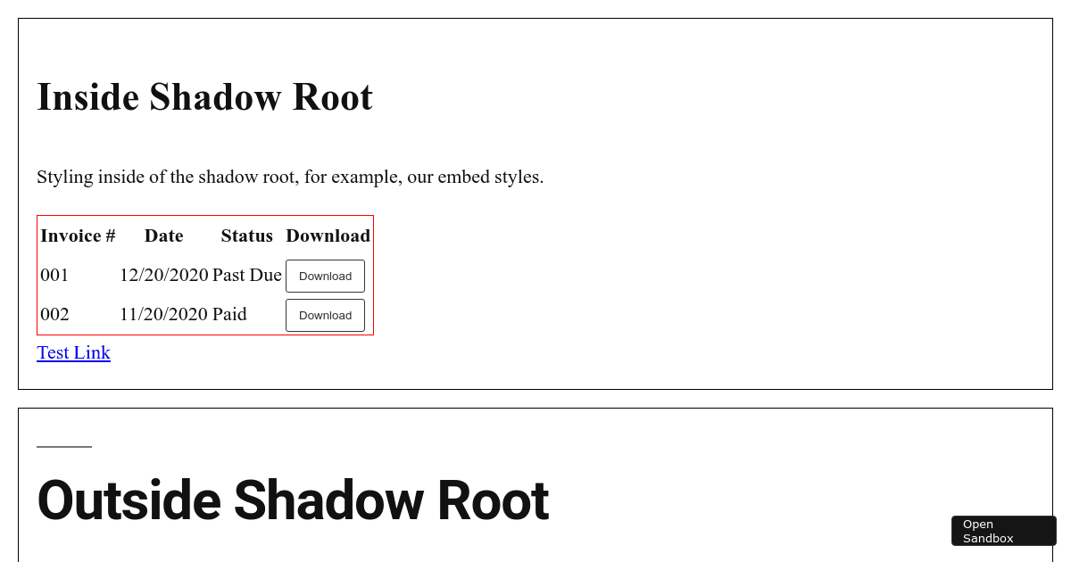 Shadow Root Styling Encapsulation (forked) - Codesandbox