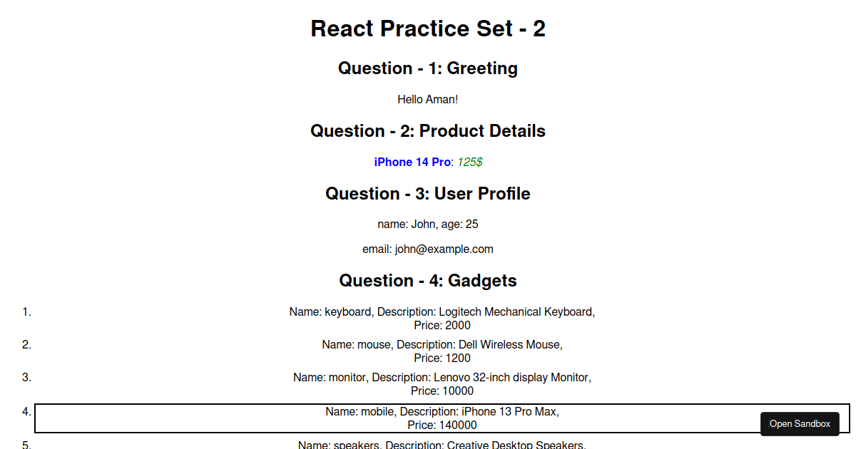 React Basics Practice Set 2 Codesandbox