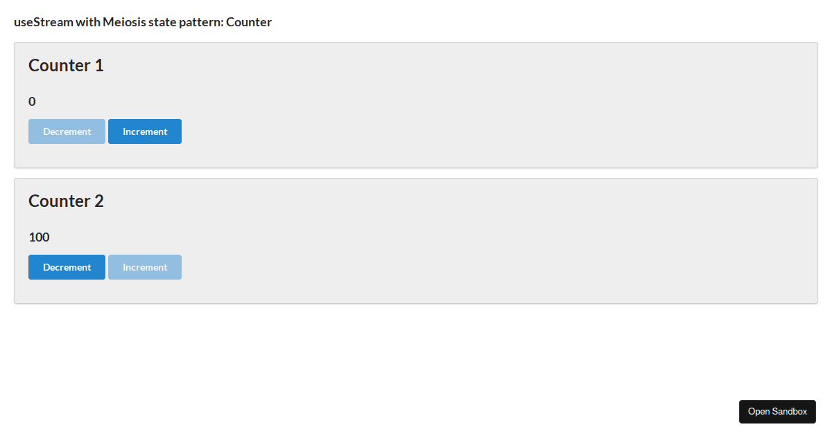 useStream with Meiosis state pattern: Counter - Codesandbox