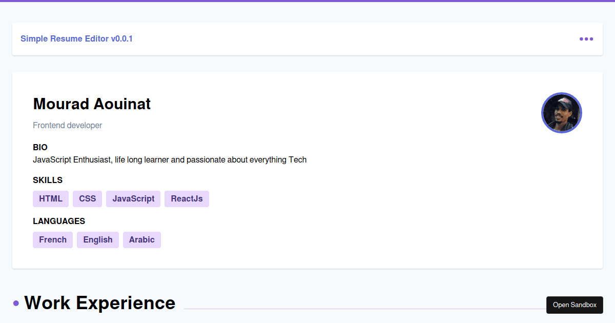 simple Resume Editor - Codesandbox