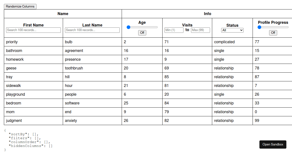 tannerlinsley/react-table: animated-framer-motion - Codesandbox