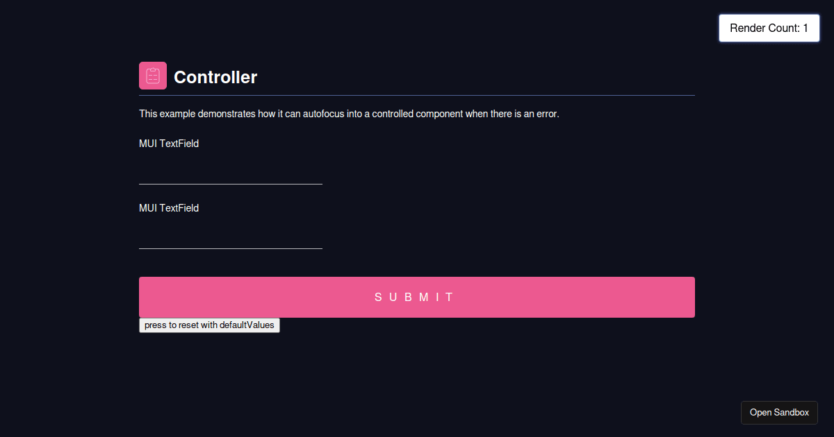 react-hook-form warning on null defaults - Codesandbox