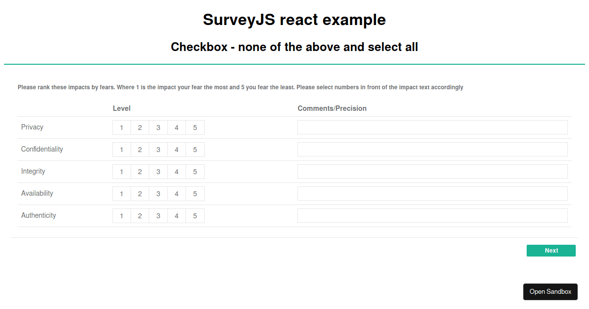 Surveyjs React Example Show React Component On Complete Codesandbox