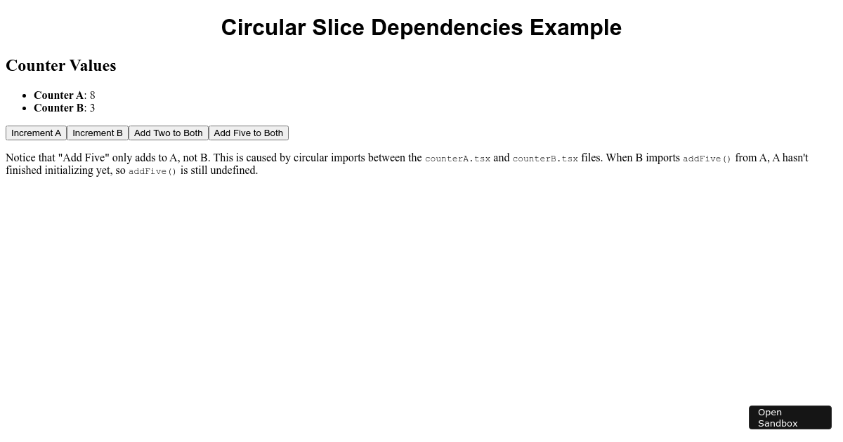 Redux Starter Kit Circular Slice Dependencies Example Forked Codesandbox