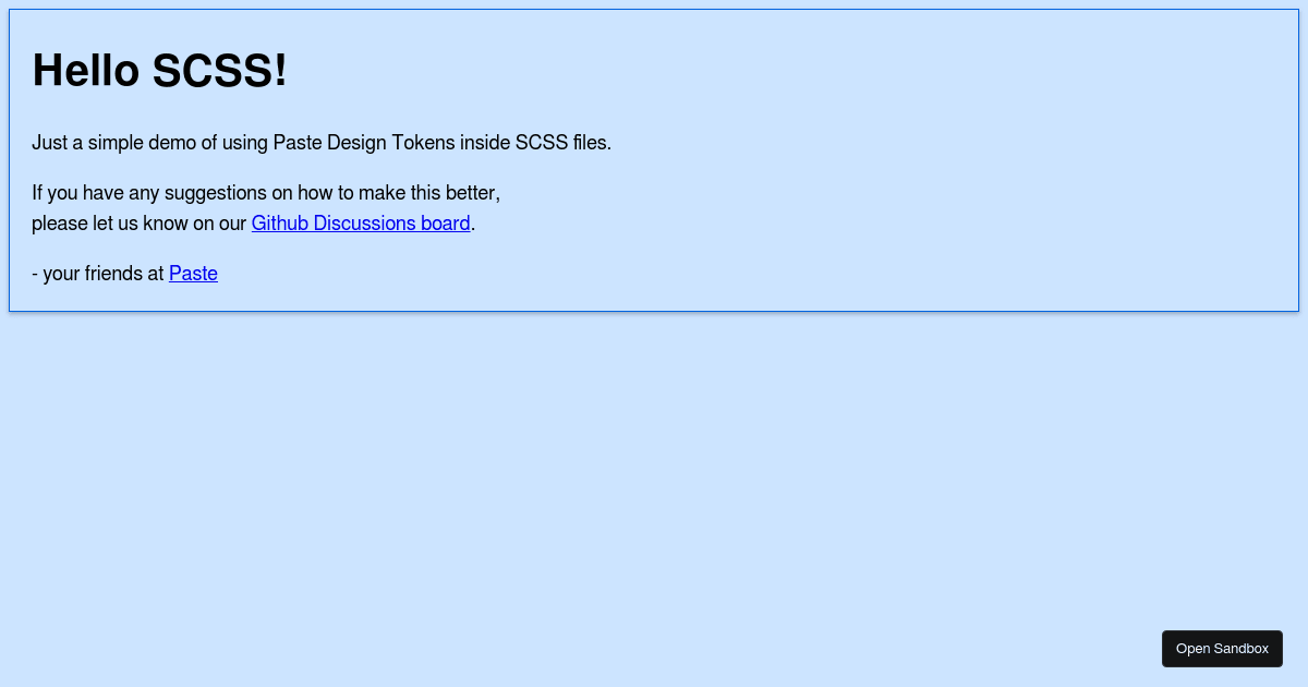 Paste Design Tokens in SCSS - Codesandbox