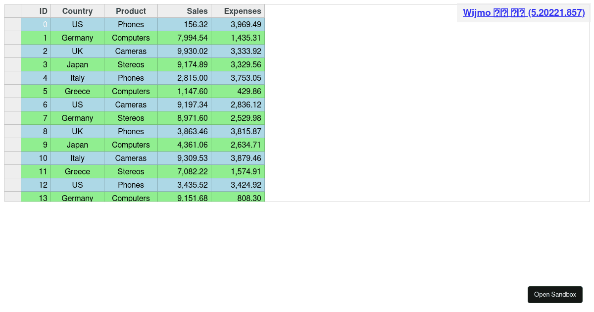 Wijmo 색상 교차 설정 - Codesandbox