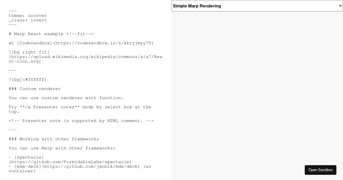 Marp React component example - Codesandbox Marp React component example - Codesandbox