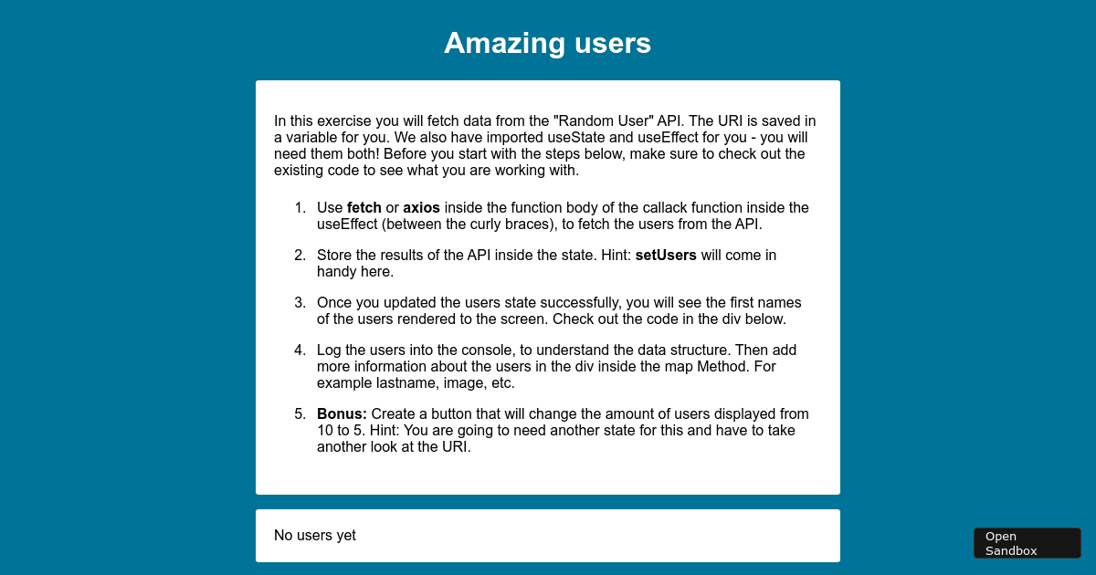 Amazing Users React Exercise Forked Codesandbox