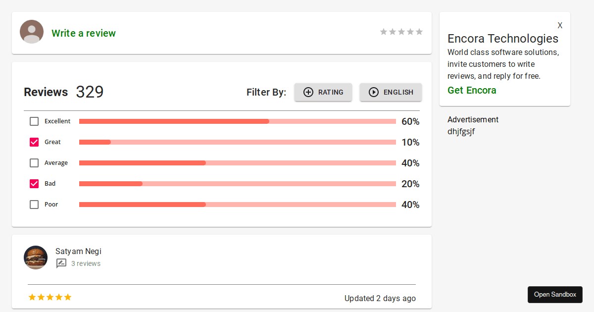 Reviews Grid - Codesandbox