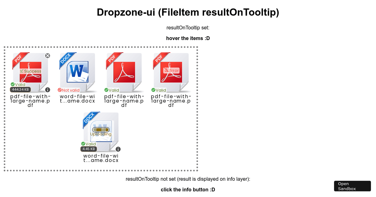 dropzone-ui FileItem(resultOnTooltip) - Codesandbox