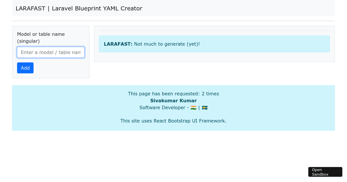LaraFAST - Laravel Blueprint Generator - Codesandbox