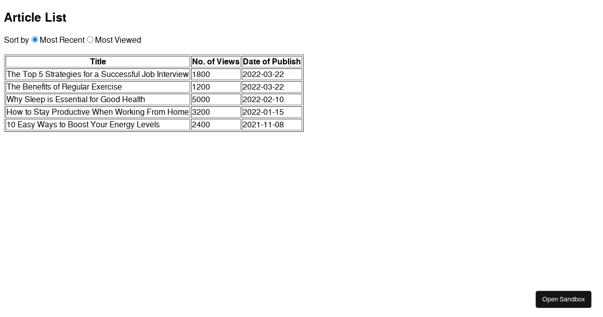 Article Sorting Solution - Codesandbox